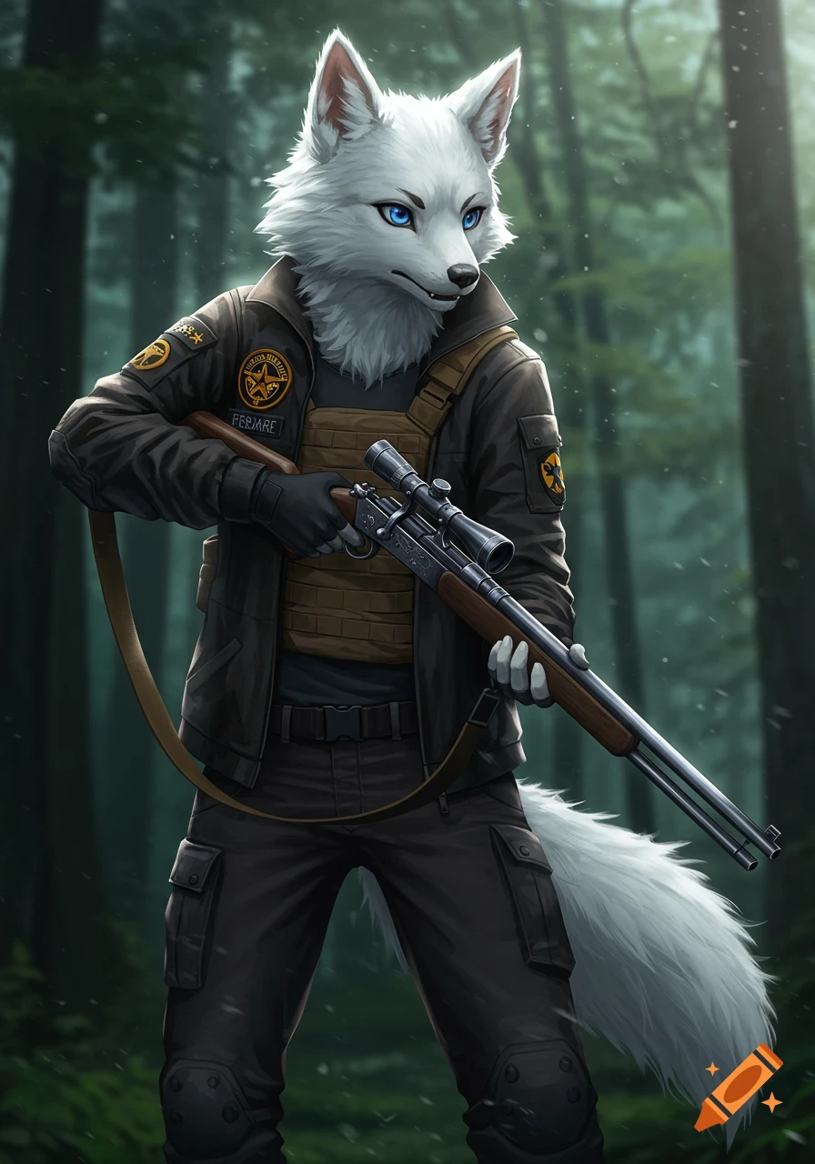 An anthropomorphic white wolf with blue eyes in tactical gear holds a ...