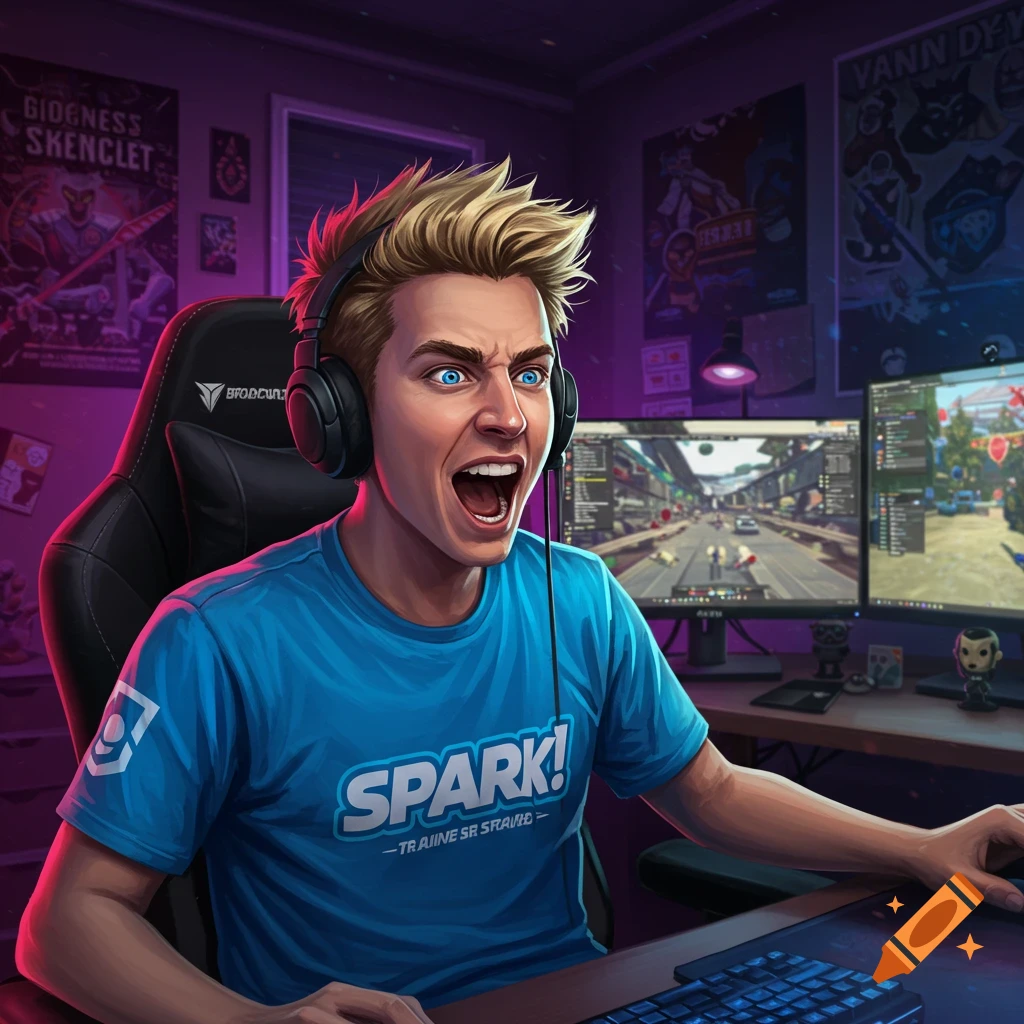 An illustrated portrait of an excited male gamer streaming on a ...