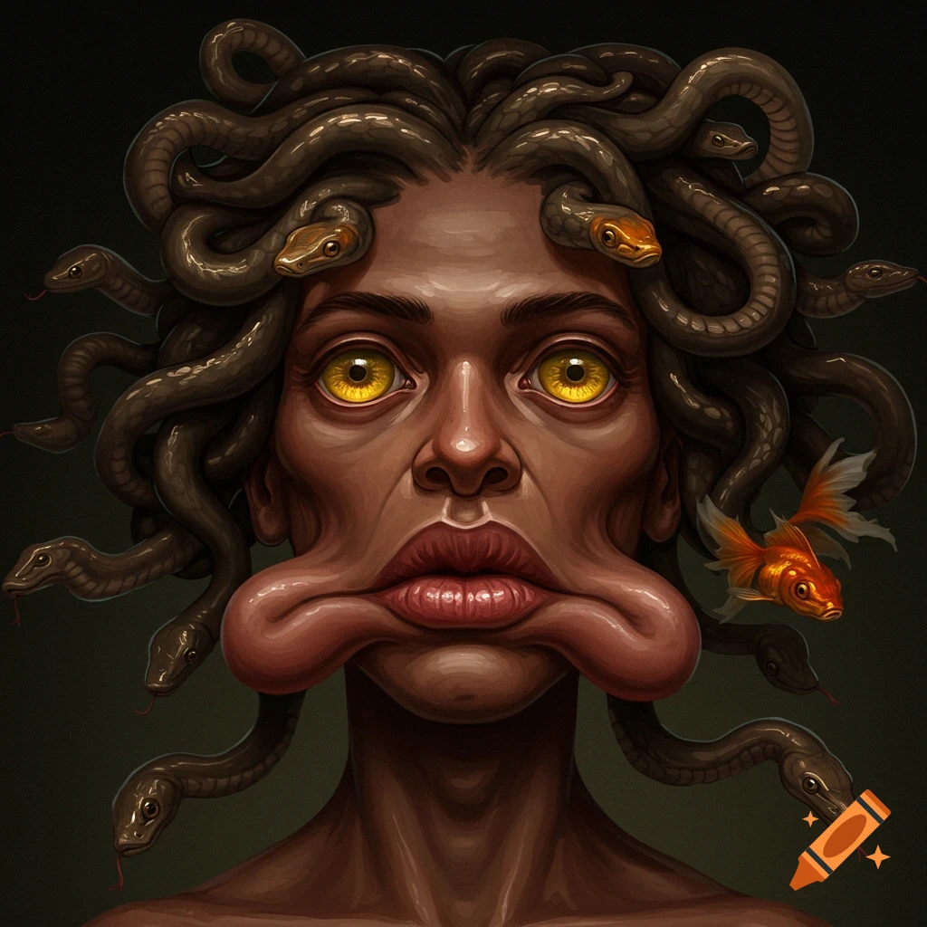 Portrait of a dark-skinned figure with snakes for hair, large yellow ...