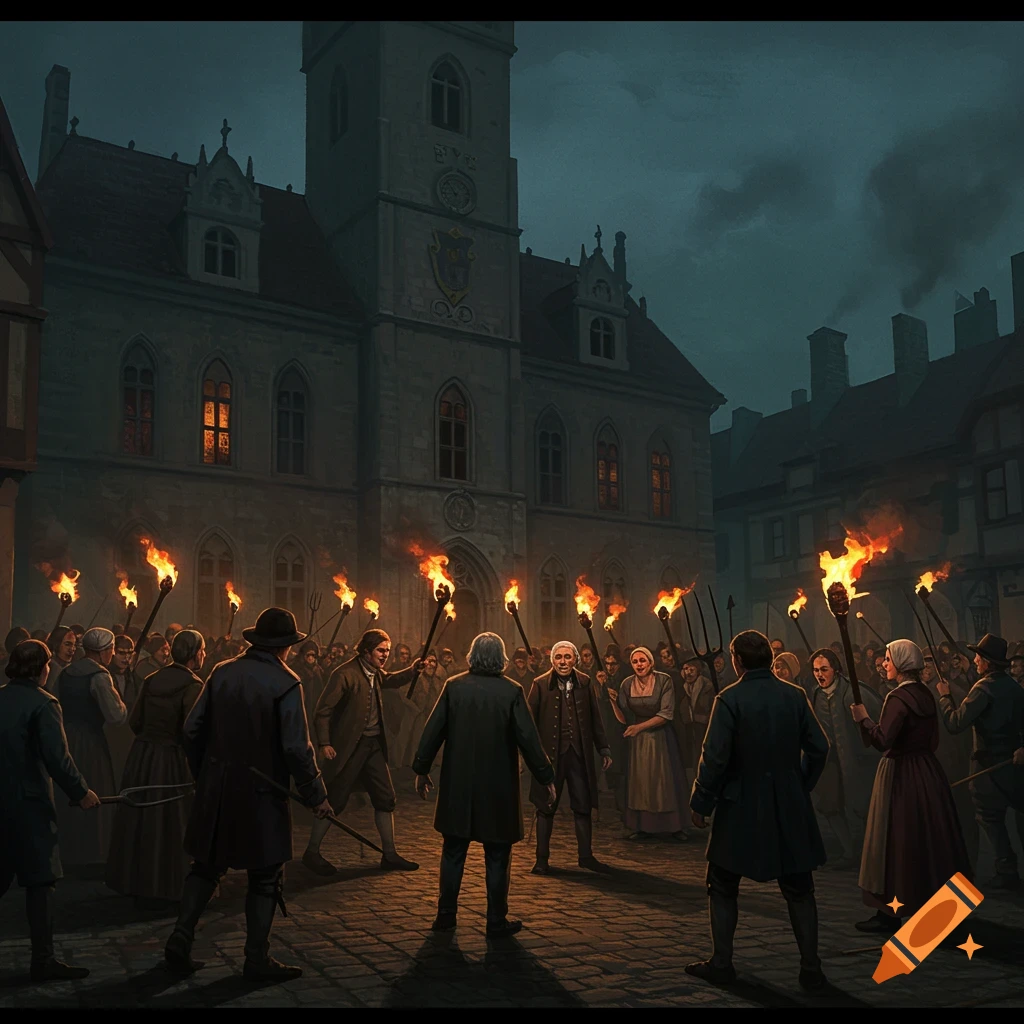 An illustration of a torch-wielding mob confronting figures in a ...