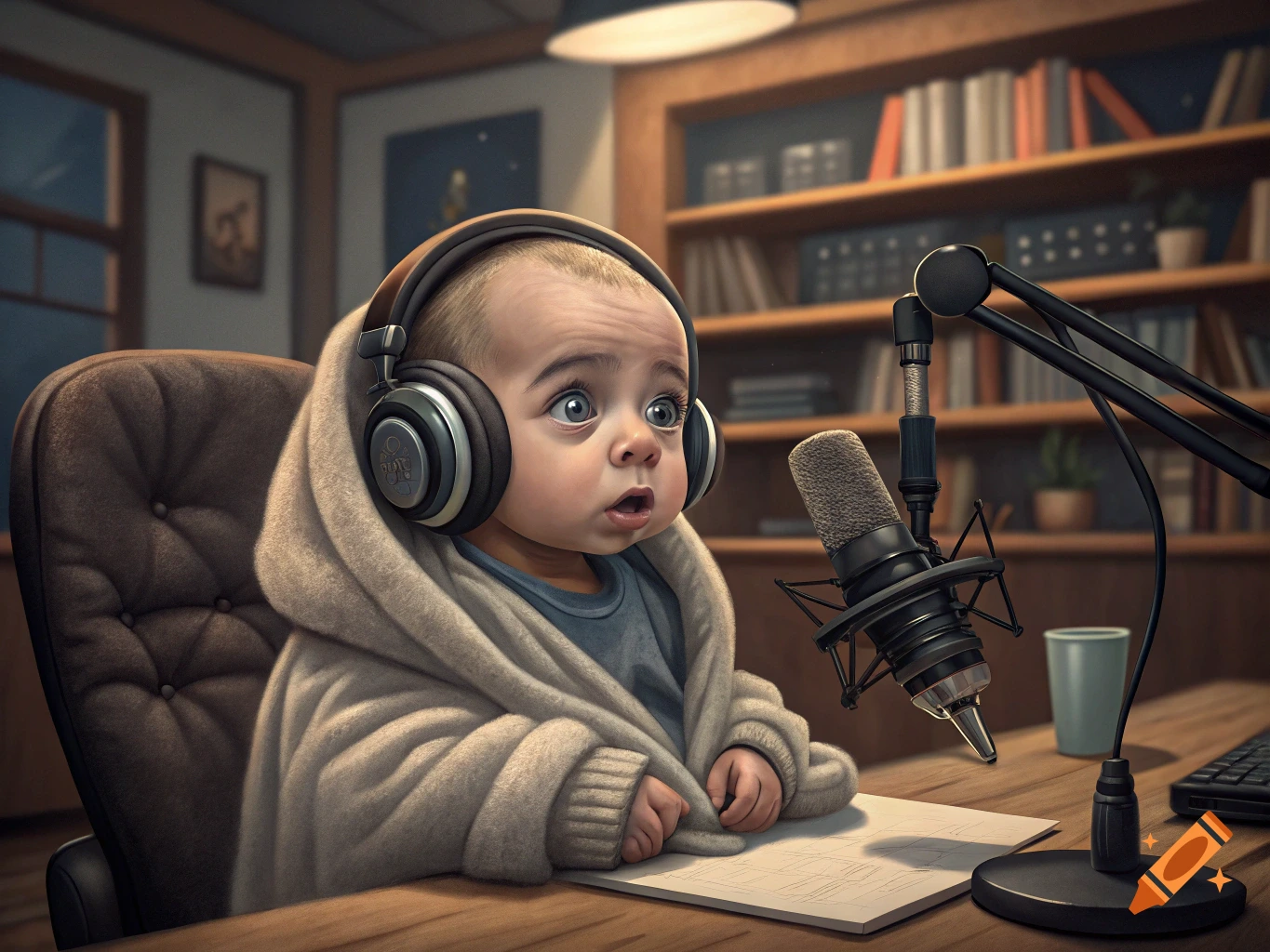 A baby wearing headphones sits in a podcast studio with a microphone ...