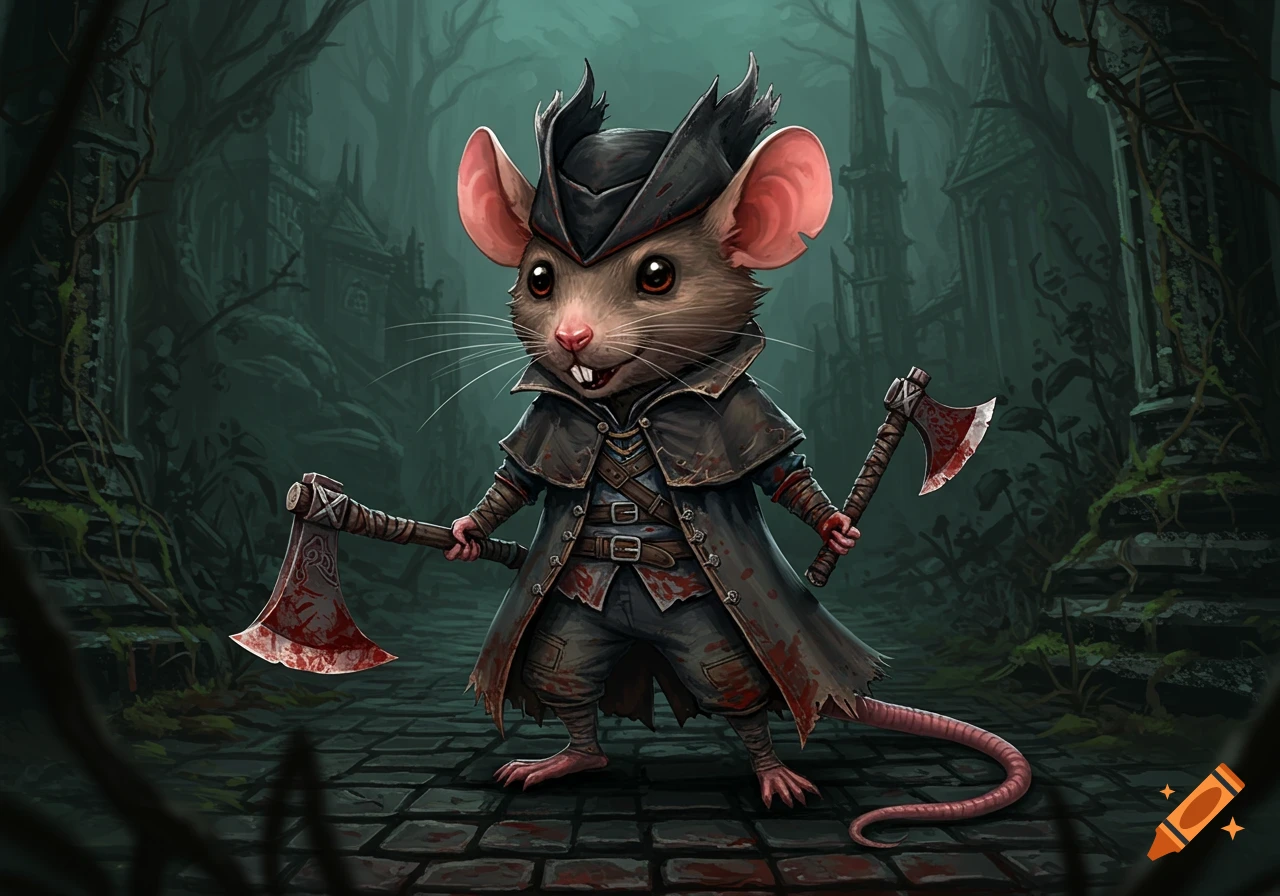 A small cartoonish rat dressed as a Bloodborne hunter stands in a dark ...