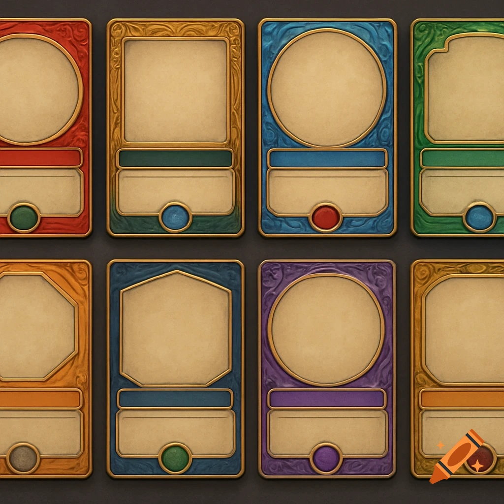 A grid of ornate trading card templates with various shapes and colors ...