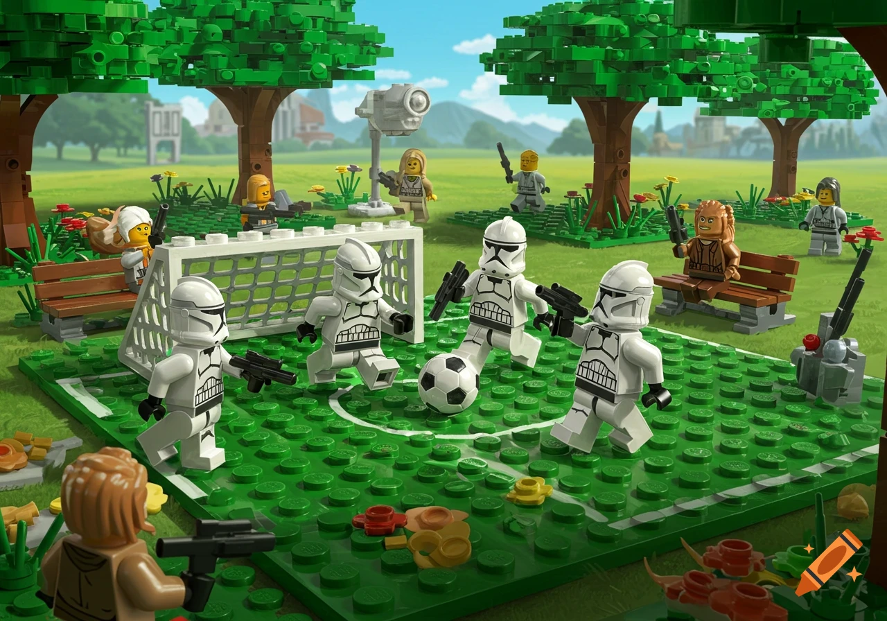 Lego Star Wars Clone Troopers playing soccer in a park. on Craiyon