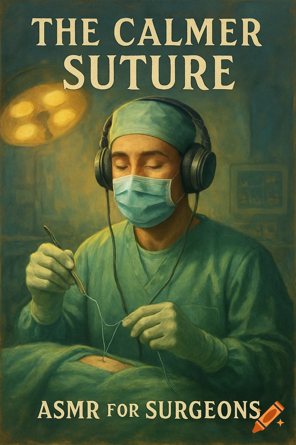 A stylized painting resembling a book cover or poster shows a surgeon ...