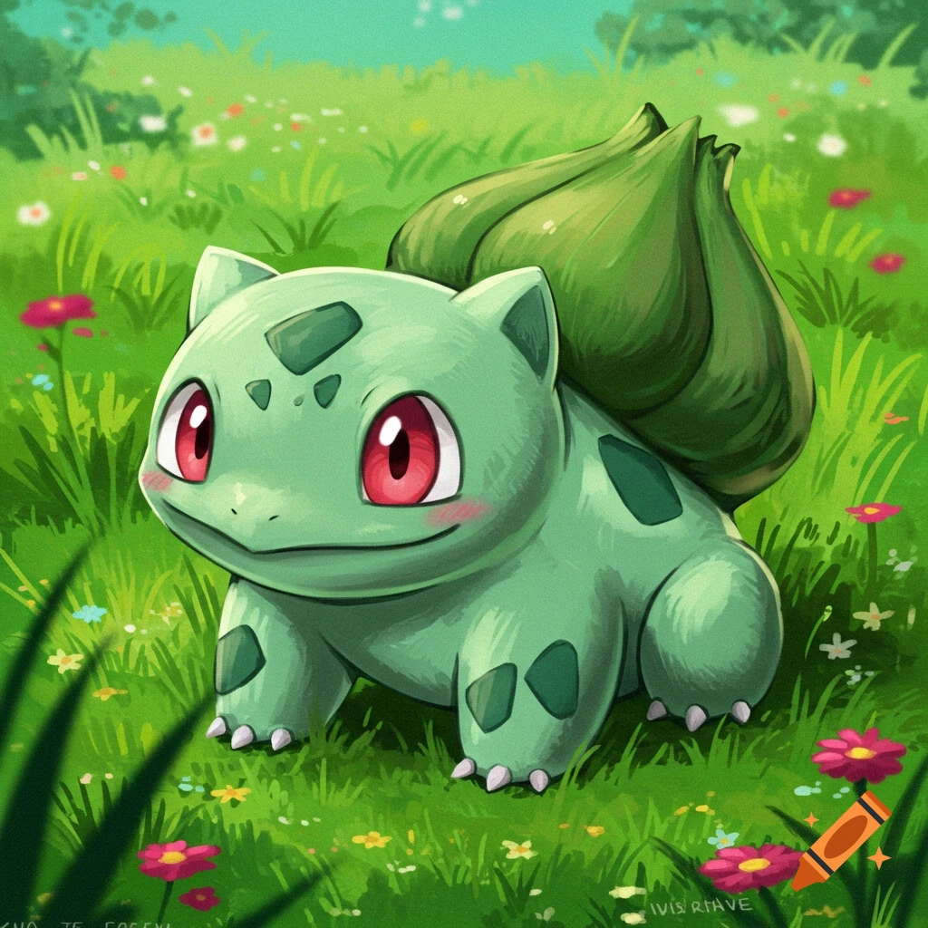 An illustration of Bulbasaur sitting in a field of grass and flowers ...