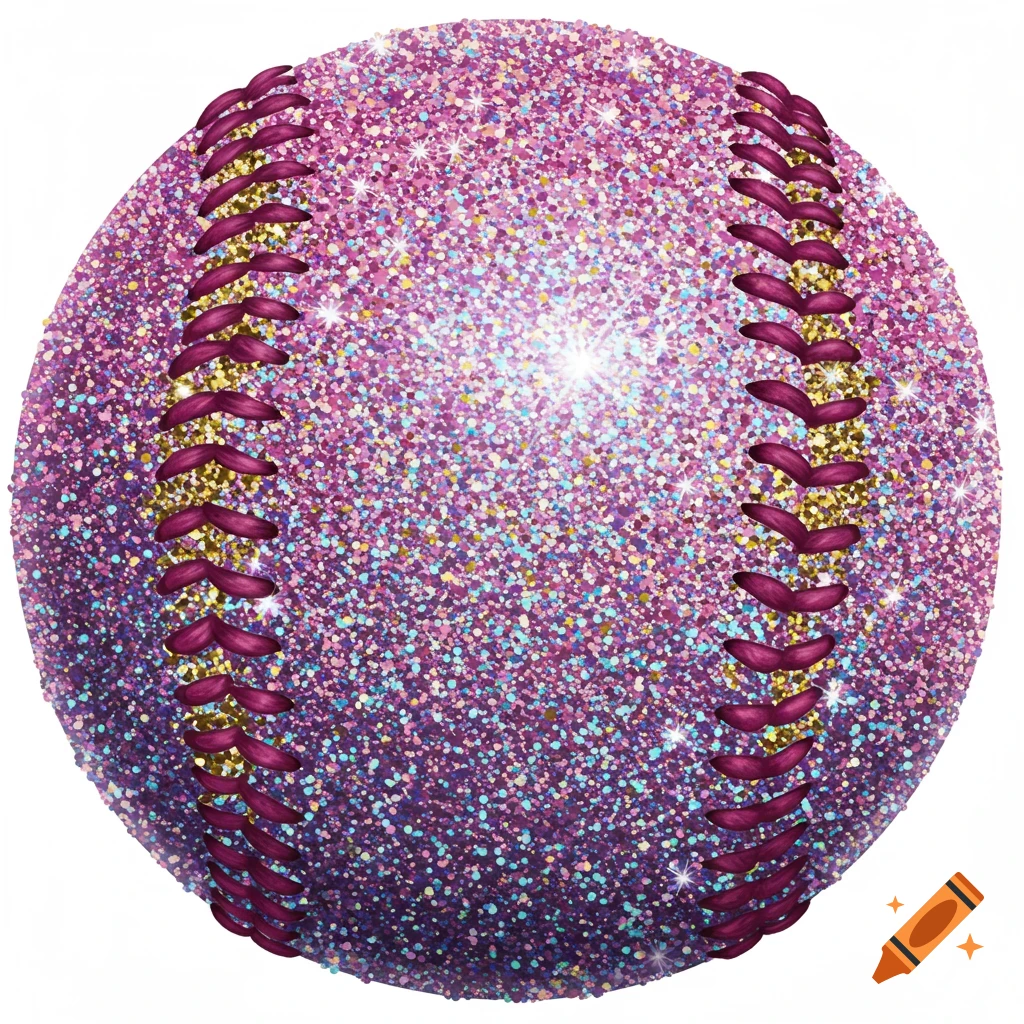 A softball covered in pink and purple glitter with dark red stitching ...