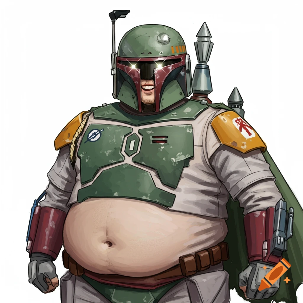 Cartoon illustration of an overweight person in Boba Fett armor with an ...