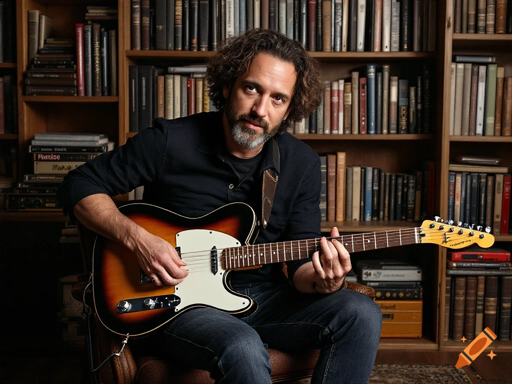 Man playing a sunburst Telecaster guitar in front of a bookshelf. on ...