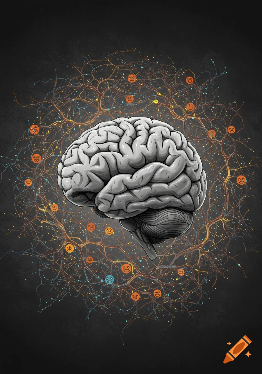 A stylized illustration of a human brain surrounded by a branching ...