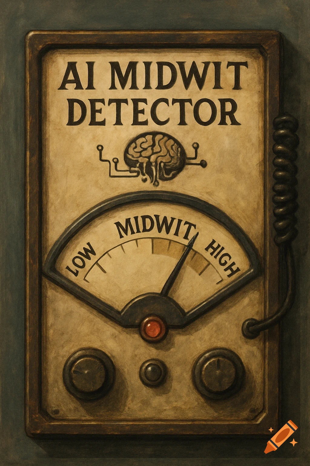 A vintage style analog meter labeled 'AI MIDWIT DETECTOR' with a brain ...