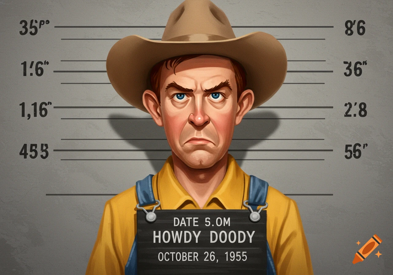 Illustration of a man with a cowboy hat and overalls in a mugshot pose ...
