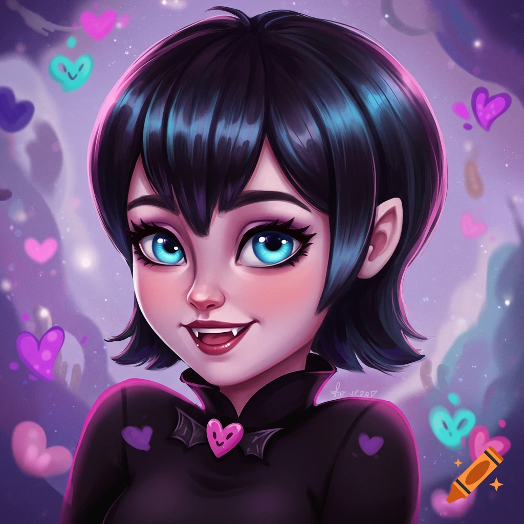 Close-up cartoon portrait of Mavis Dracula smiling, with fangs ...