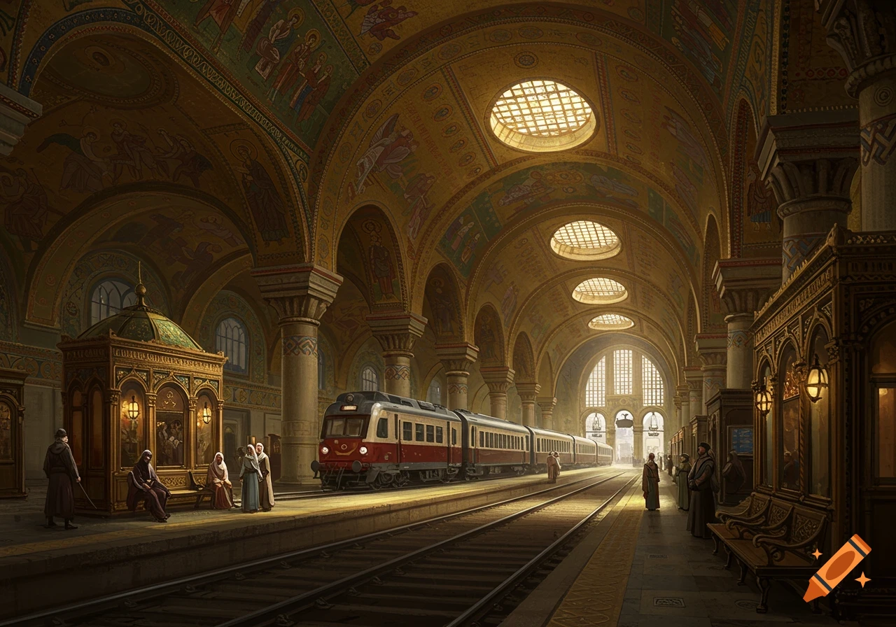Byzantine style train station interior with mosaic arches, domed skylights, a train, and people ...