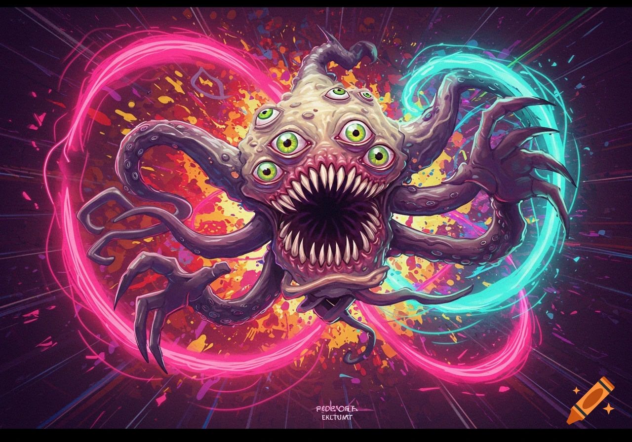A multi-eyed, tentacled monster with glowing rings in a vibrant, stylized art style. on Craiyon