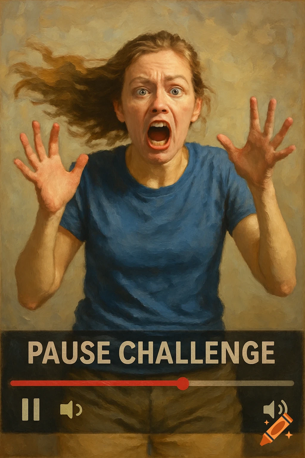 Painterly image of a shocked woman raising hands, with video player ...
