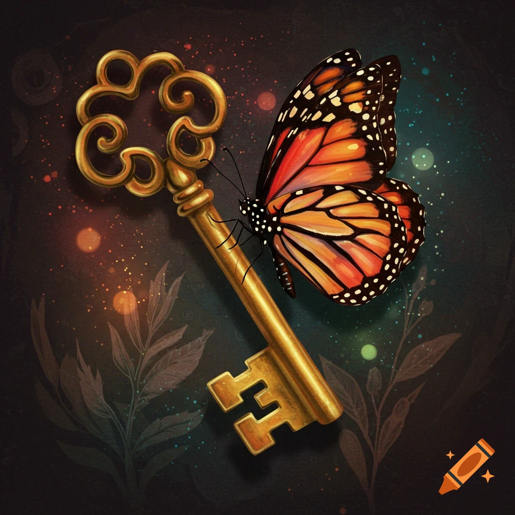 A monarch butterfly rests on a golden ornate key. on Craiyon