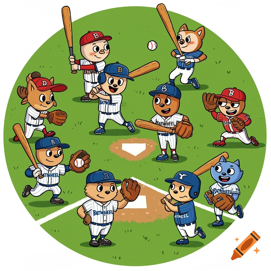 Circular illustration of cartoon animal characters playing baseball on ...