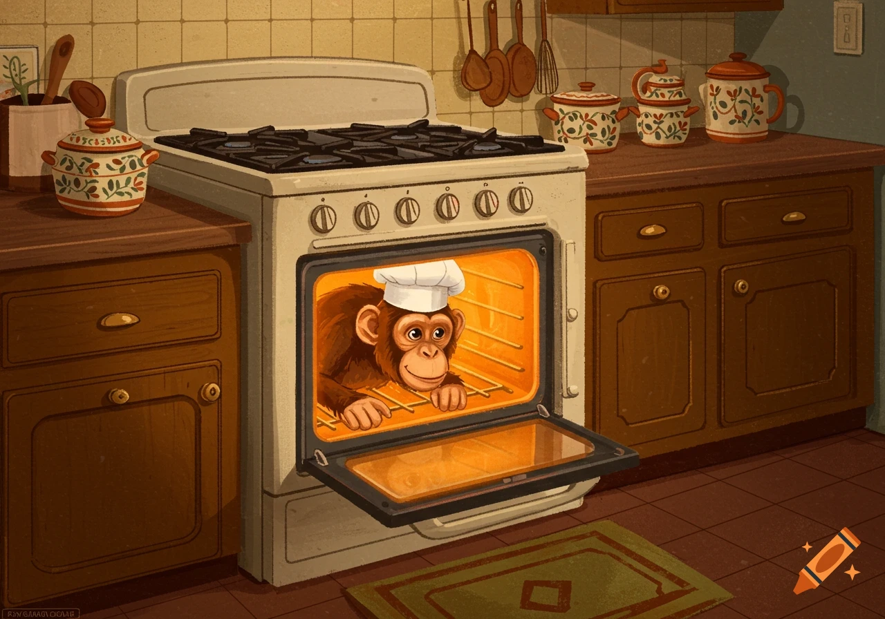 A cartoon monkey wearing a chef's hat sits inside an open oven in a ...