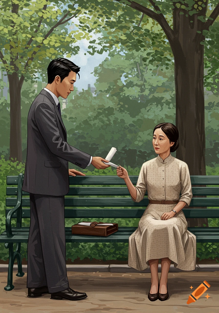 Illustration of a man handing paper to a woman sitting on a park bench ...