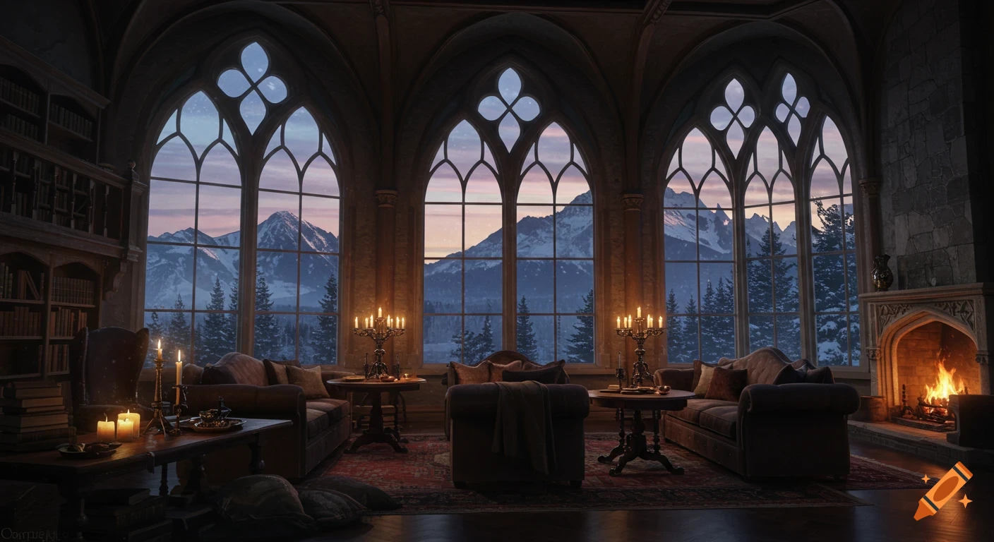 Gothic library interior with large arched windows overlooking snowy ...