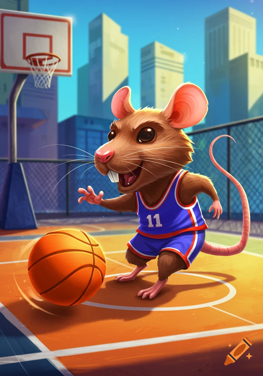 A cartoon mouse wearing a basketball jersey dribbles a basketball on an ...