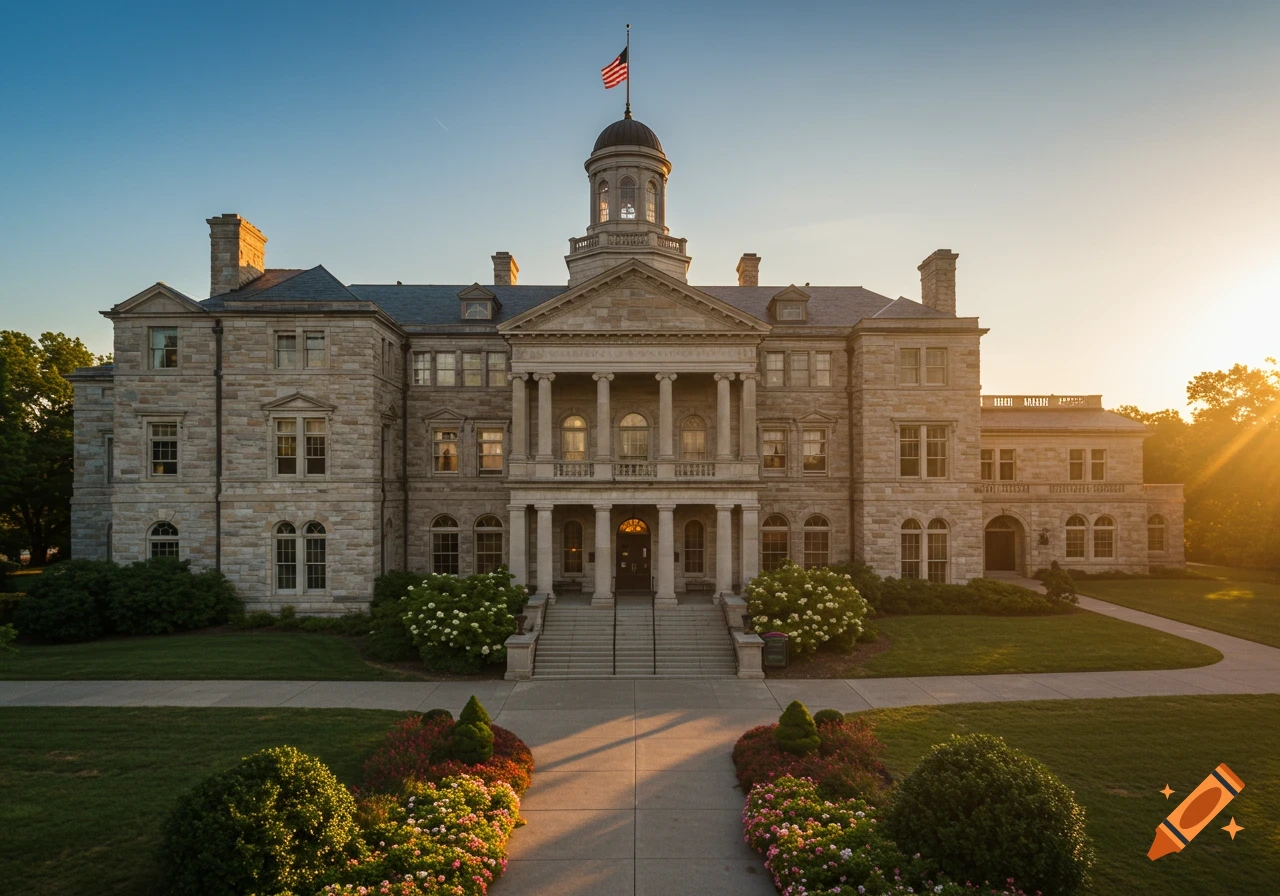 A grand stone building with a dome and American flag at sunset ...