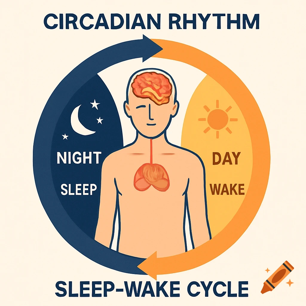 Diagram of circadian rhythm with a human figure illustrating day/wake ...