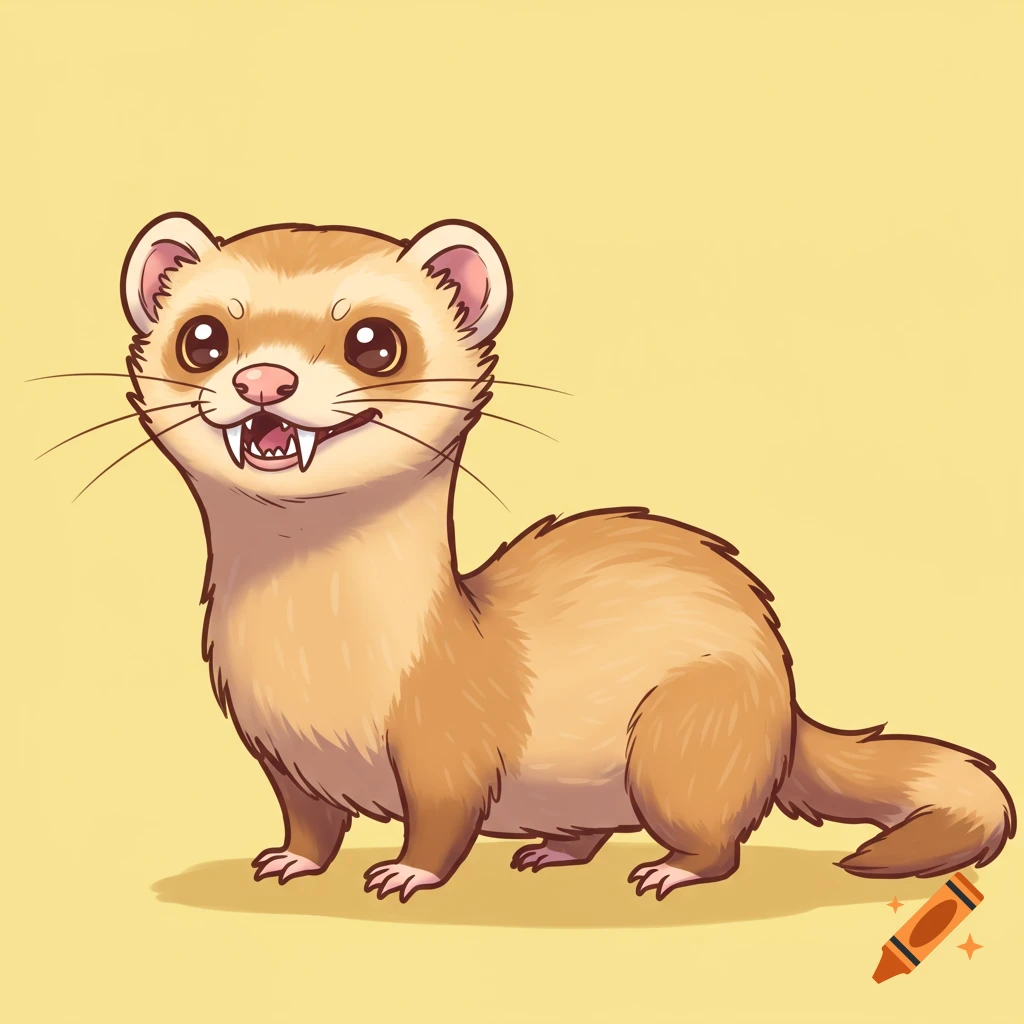 A cute cartoon ferret and possum hybrid with large fangs stands on a ...