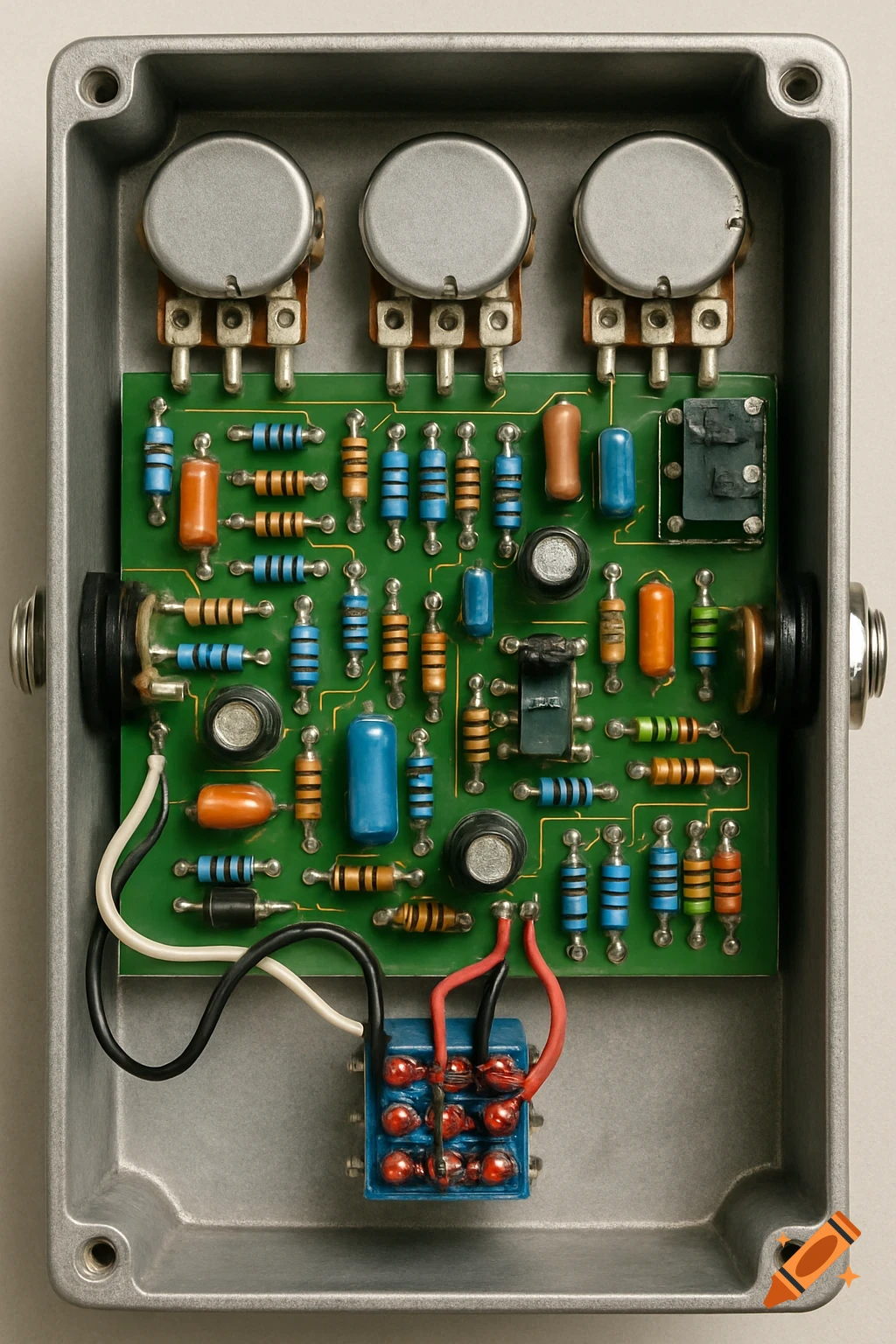 Internal view of an electronic circuit board from a guitar pedal ...