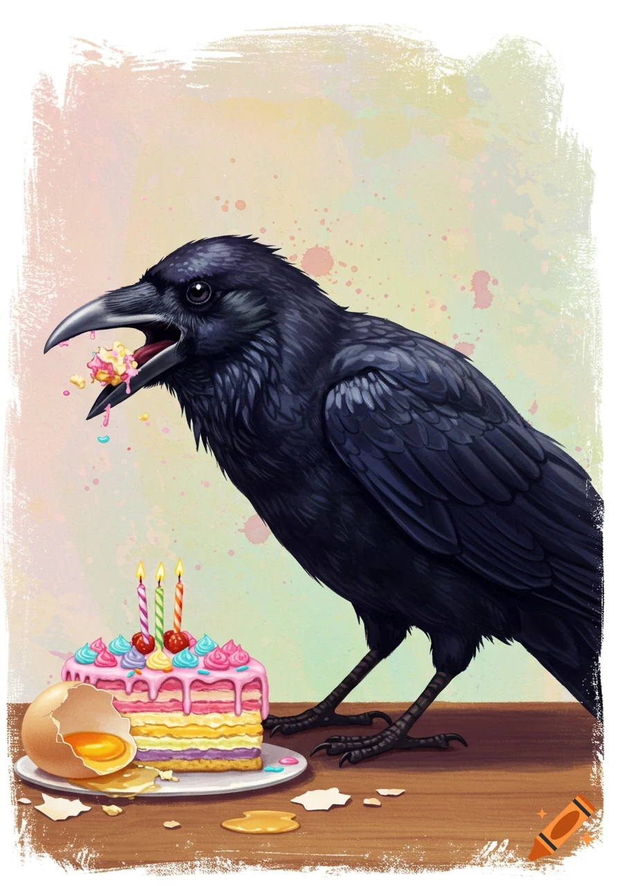 A black crow eats a slice of birthday cake next to a broken egg on a ...