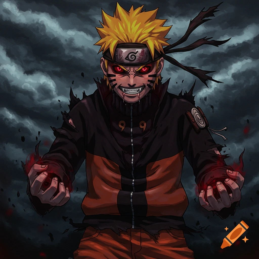 Anime illustration of evil Naruto with red eyes, fangs, and dark energy ...