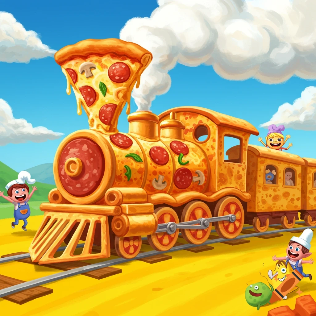A cartoon pizza train with pepperoni and mushroom toppings, surrounded ...