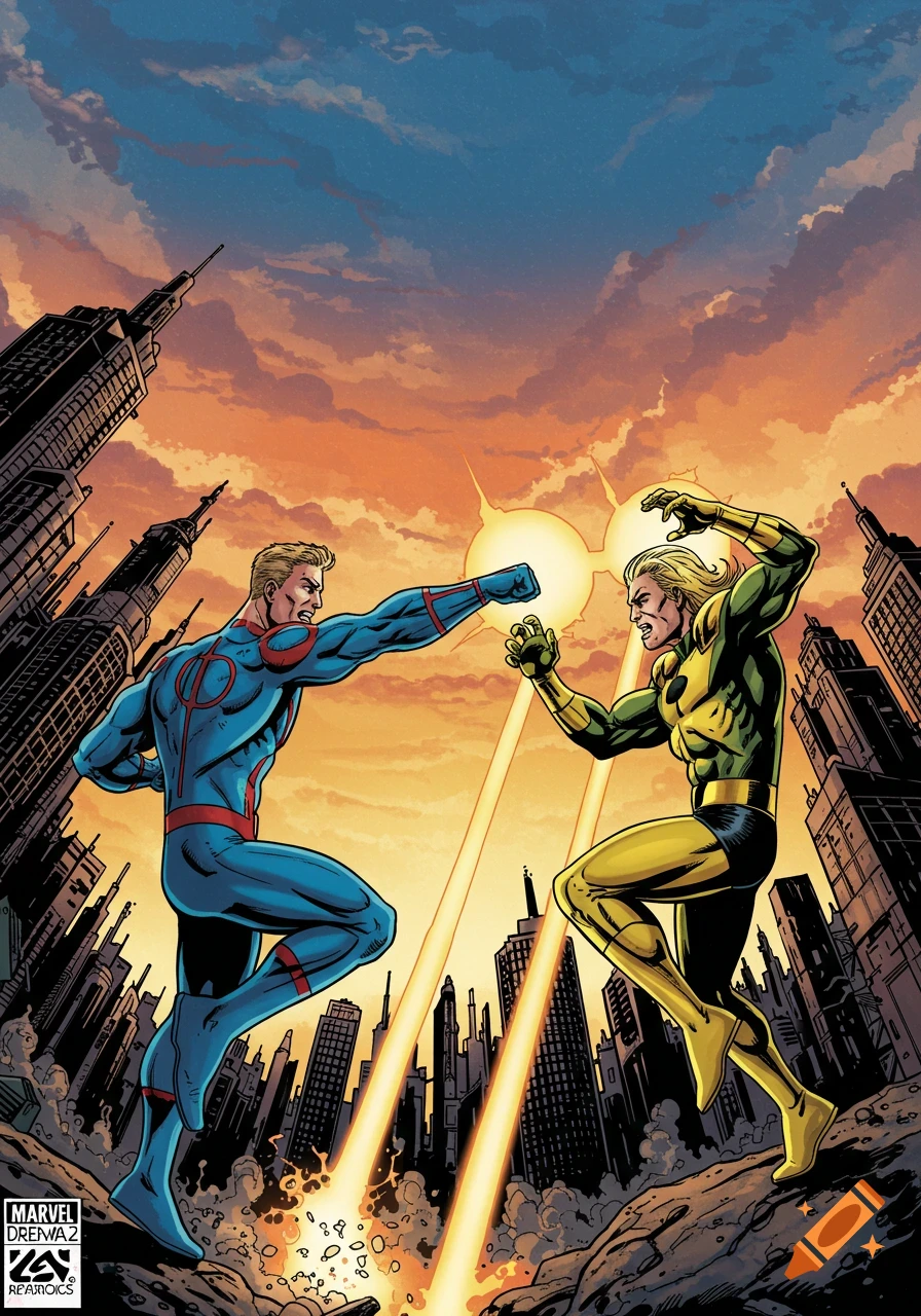 Comic book cover art of two superheroes fighting in a city at sunset ...