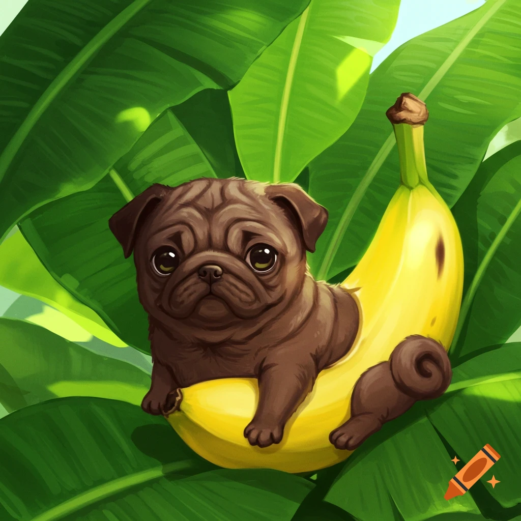 A cute brown pug puppy sits inside a yellow banana among large green ...