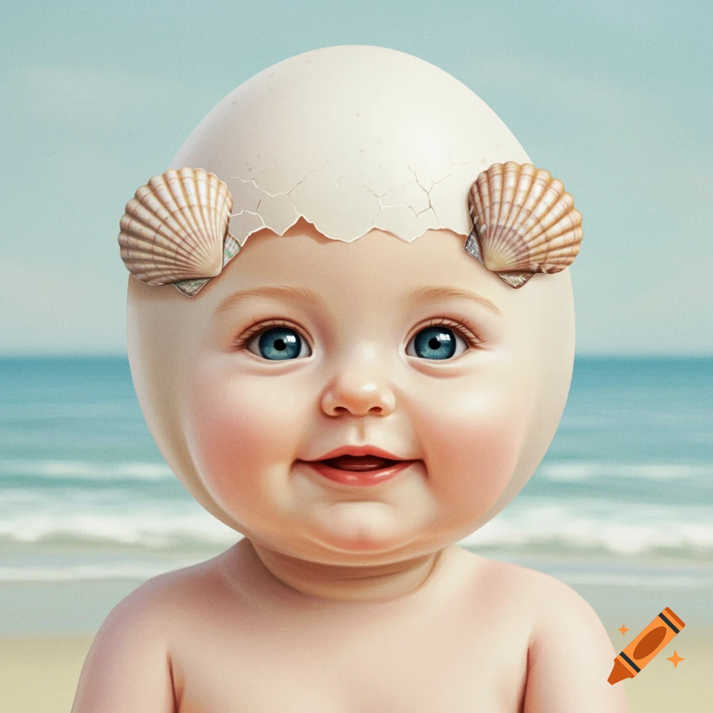 A surreal illustration of a baby with an egg for a head, wearing ...
