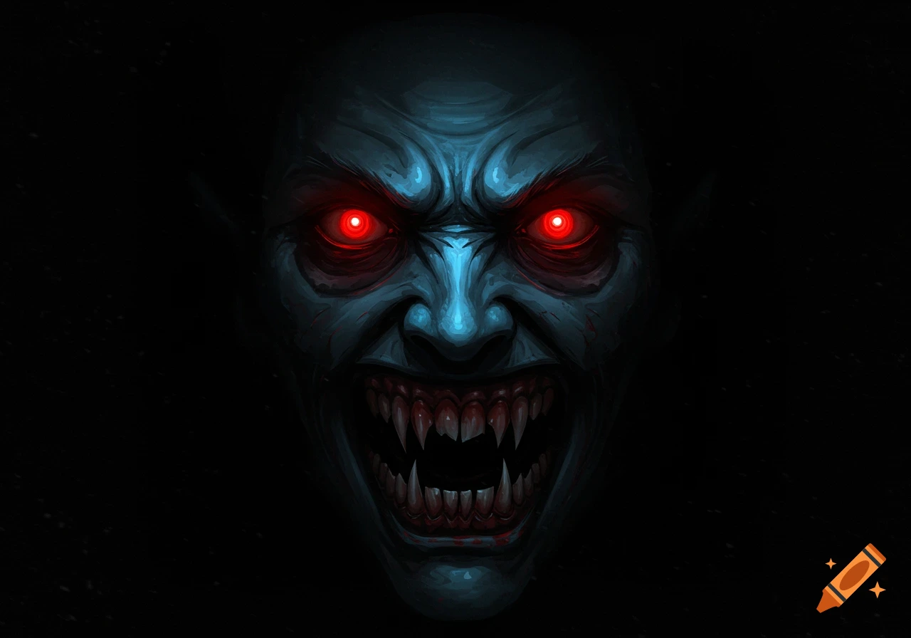 Close-up of a scary monster face with glowing red eyes and sharp fangs ...