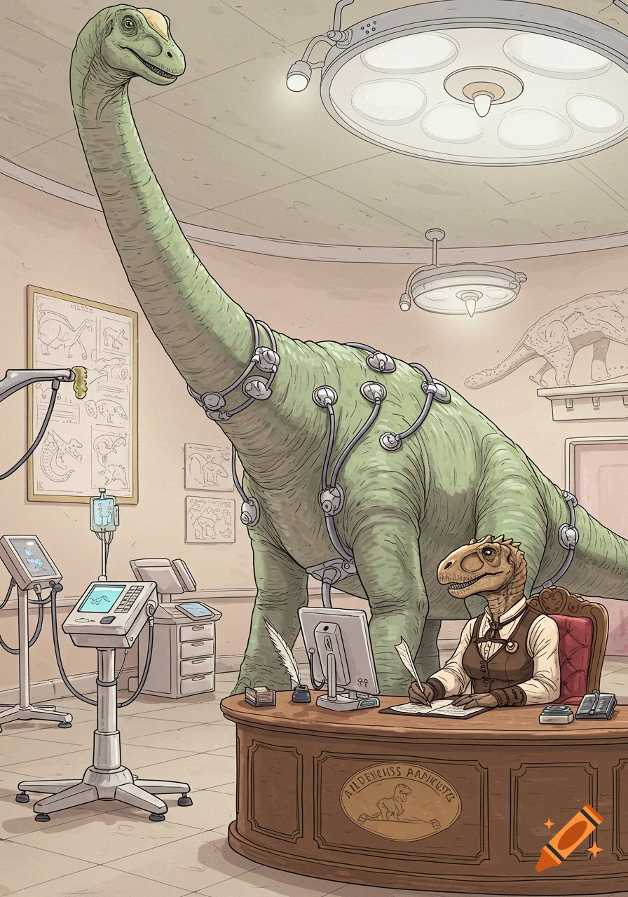 Illustration of a brontosaurus patient in a medical office with a ...