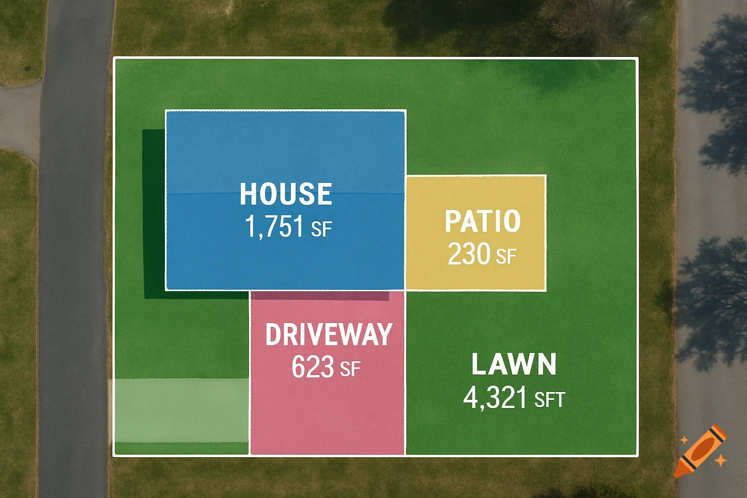 Aerial diagram showing the layout and square footage of a house, patio ...