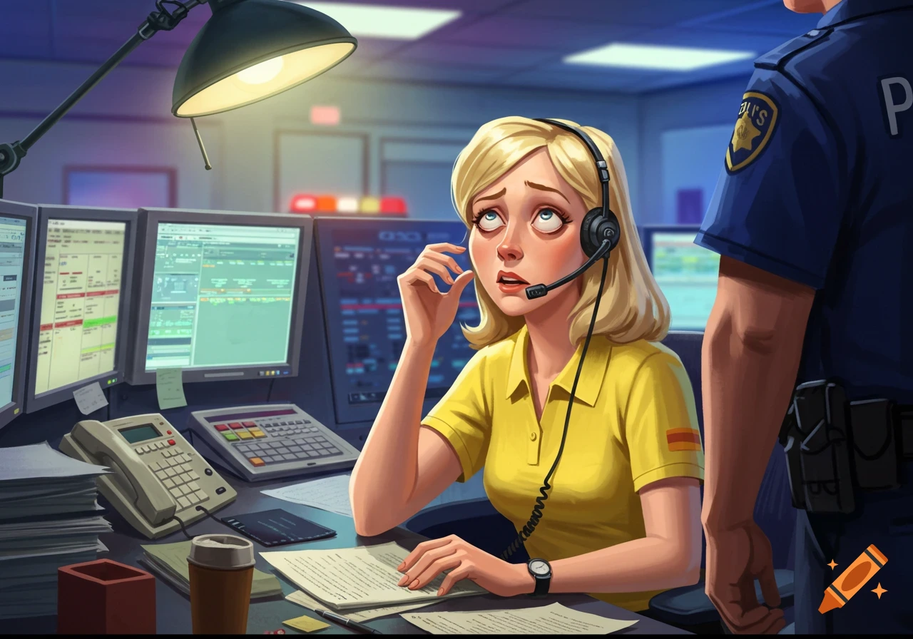 Illustration of a blonde dispatcher rolling her eyes at a police ...