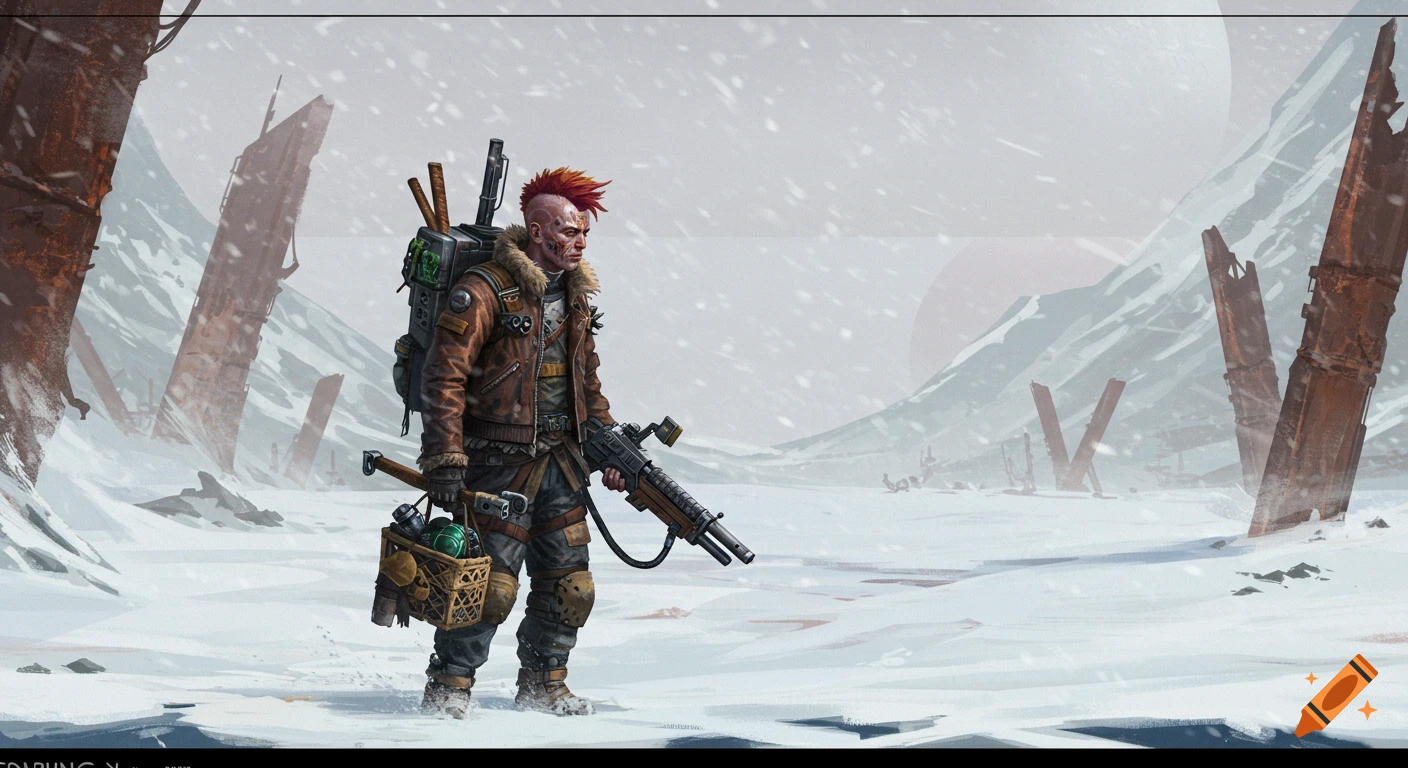 Post-apocalyptic scavenger walking in a snowy wasteland, concept art ...