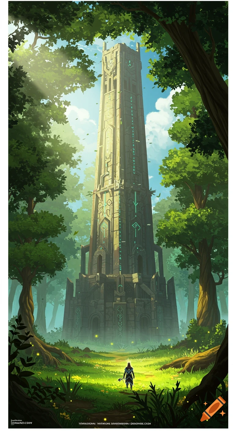 A fantasy illustration of a giant tower in an enchanted forest clearing ...