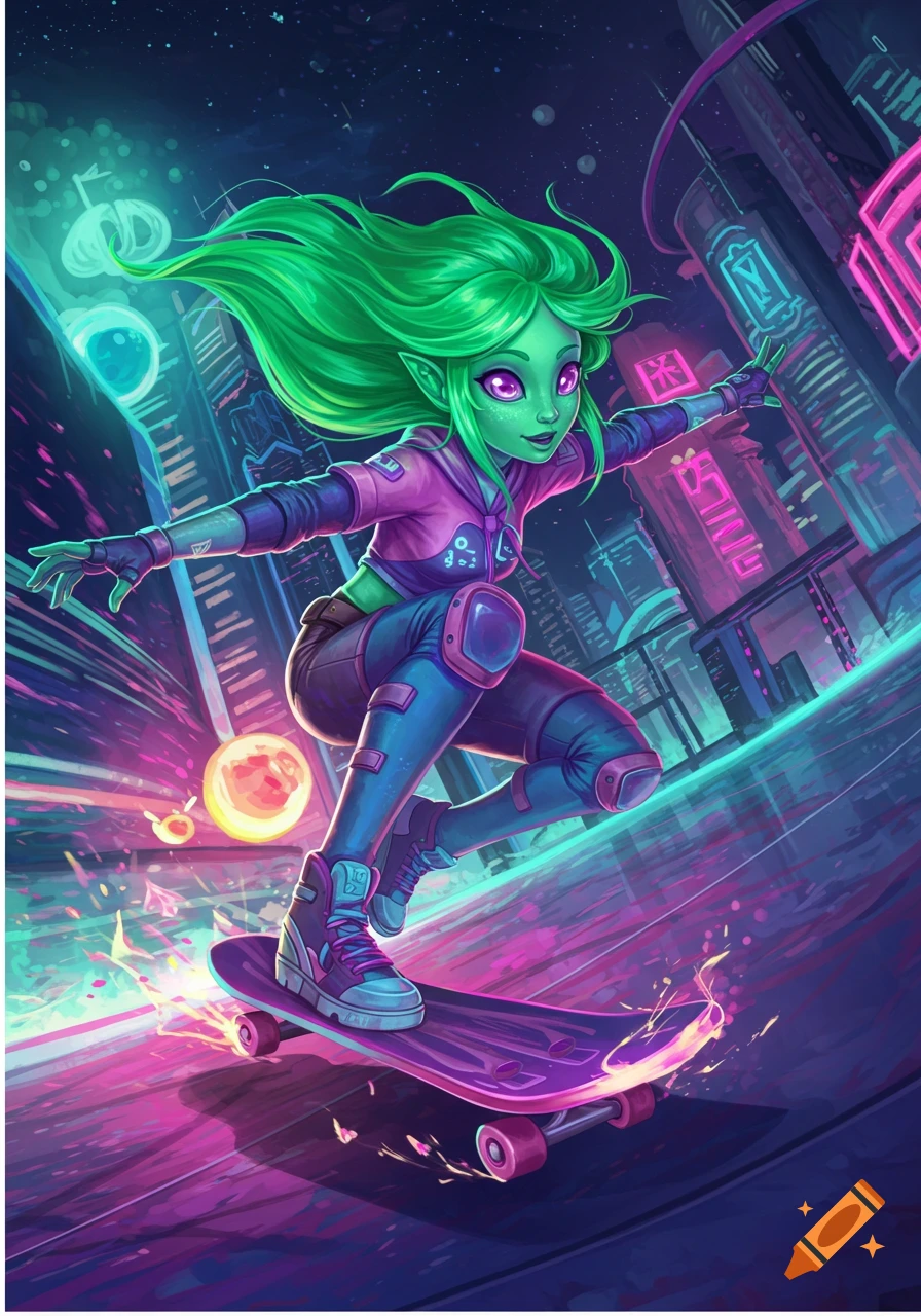 Green-haired alien girl skateboards through a neon cyberpunk city. on ...