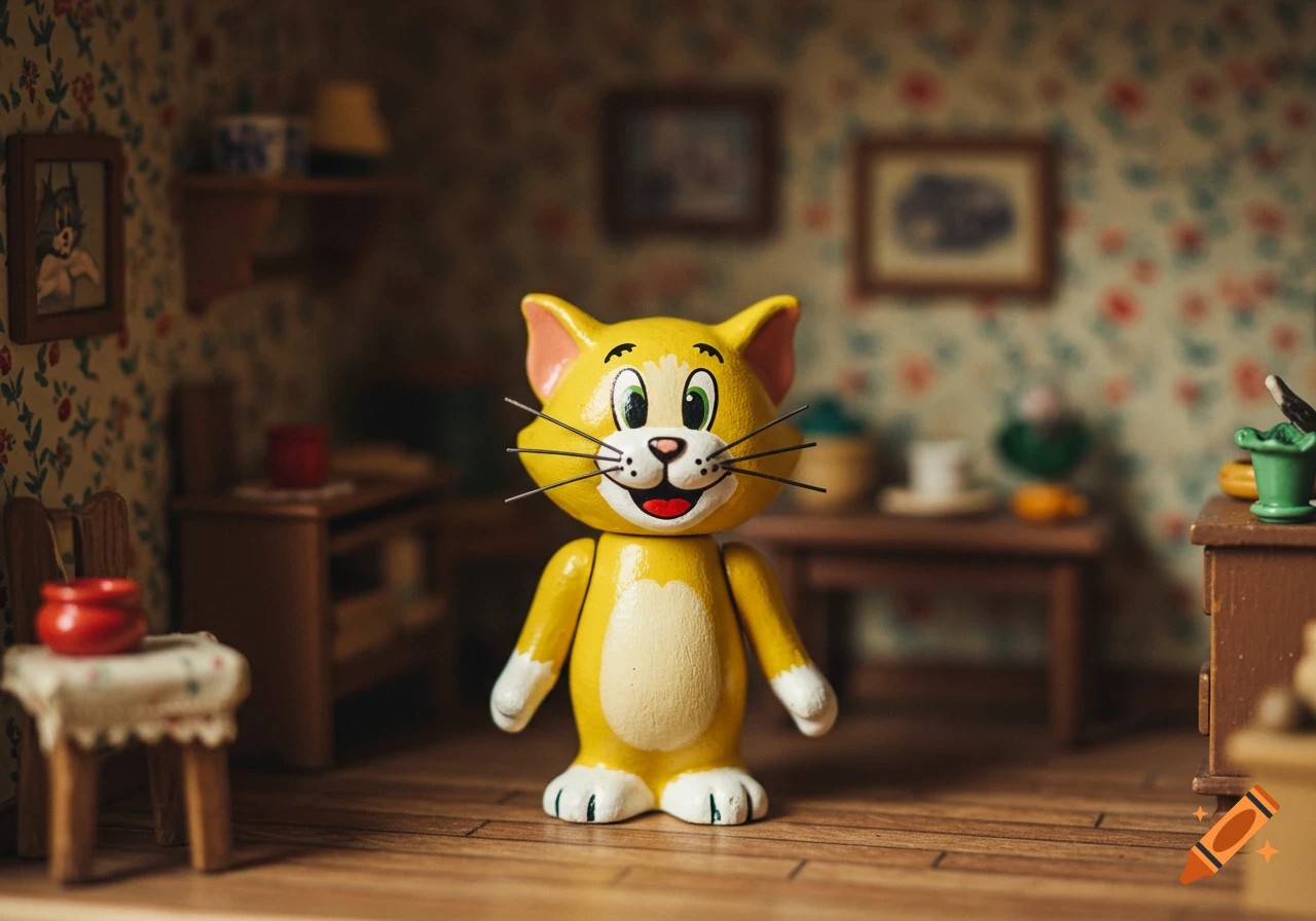 A vintage yellow toy cat stands in a miniature room. on Craiyon