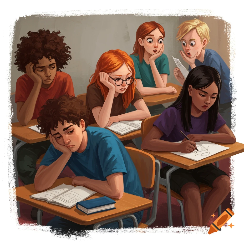 Illustration of diverse students looking bored or distracted in a ...
