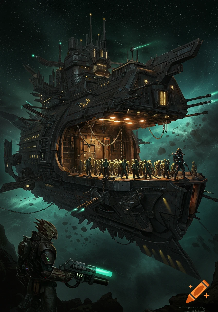Digital illustration of a large, dark sci-fi slave barge floating in ...