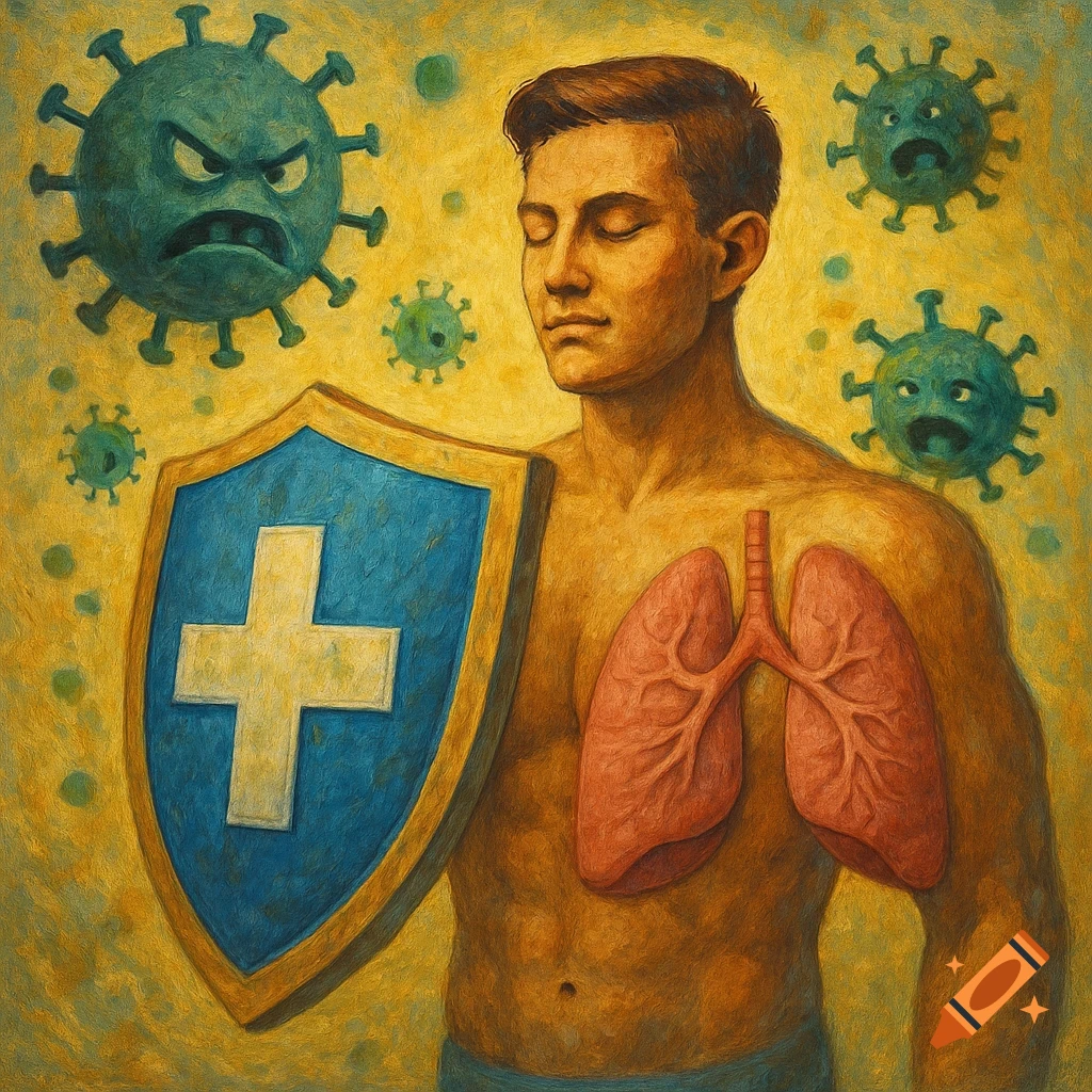 A painting of a man with visible lungs holding a shield, surrounded by ...