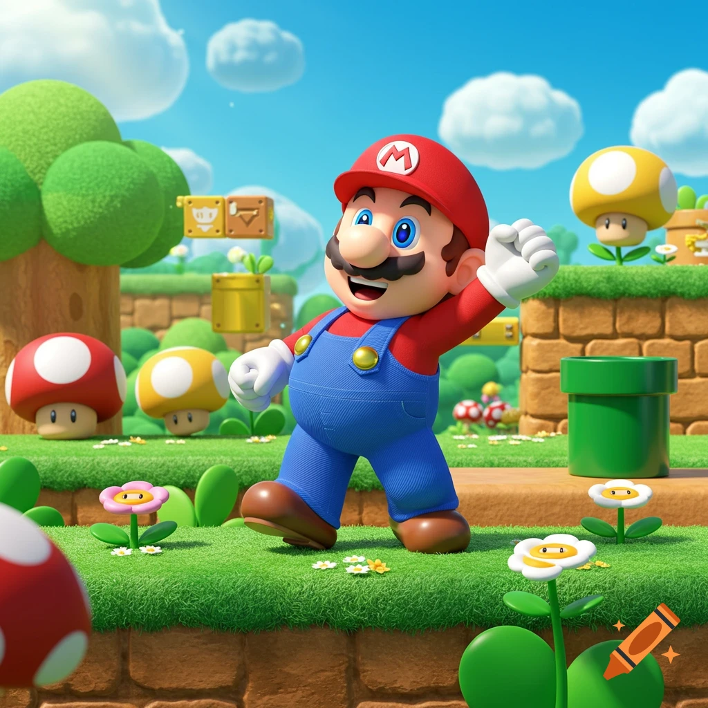 Mario jumping in a Super Mario Bros. game level with mushrooms and ...