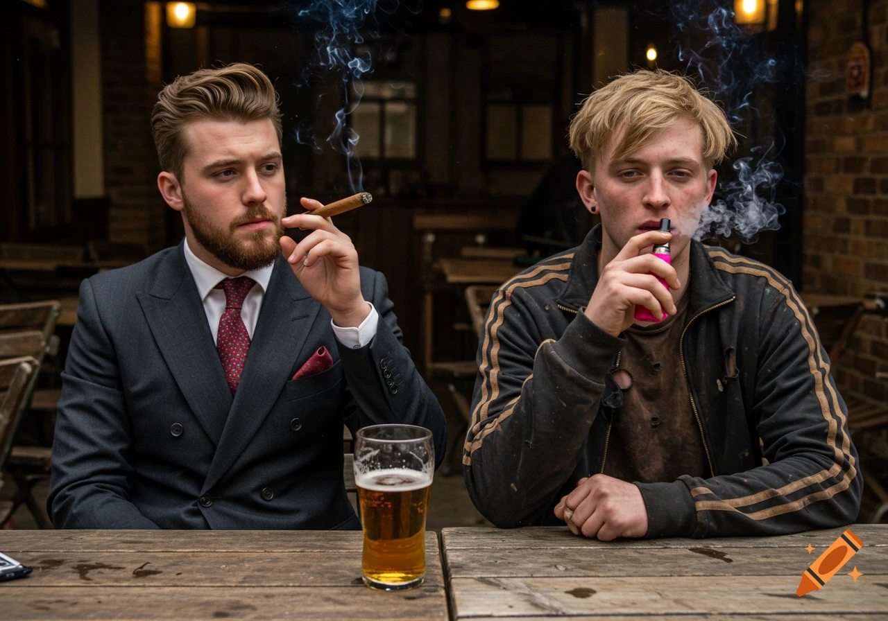 Two men, one in a suit smoking a cigar, the other in a tracksuit vaping ...