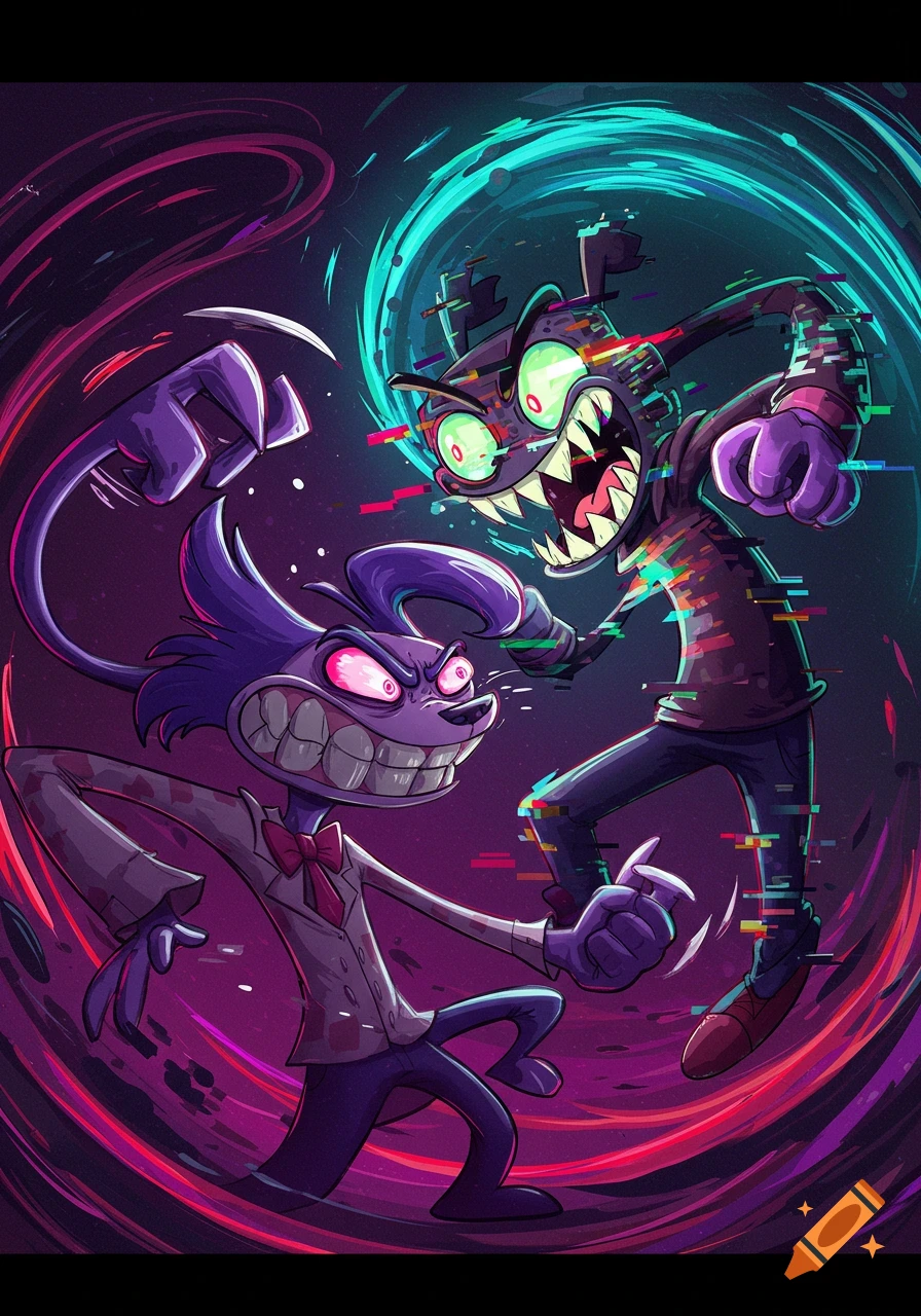 Two cartoon monster characters with wide grins fight amidst energetic ...